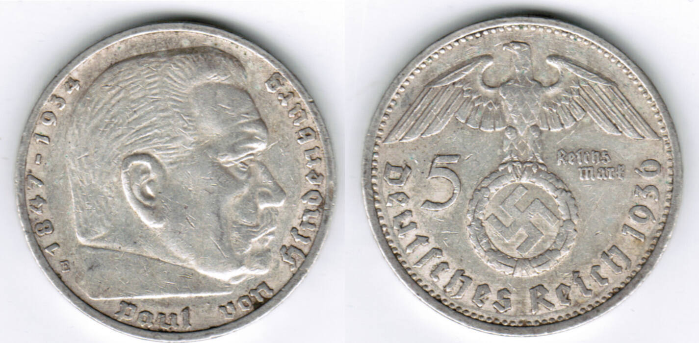 Drittes Reich, 5 Reichsmark 1936 E, Hindenburg mit HK, 13,89 g 900er ...