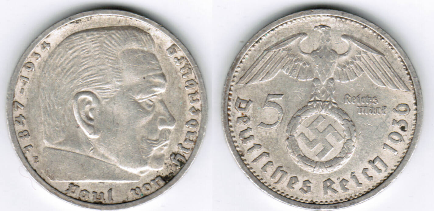 Drittes Reich, 5 Reichsmark 1936 E, Hindenburg mit HK, 13,89 g 900er ...