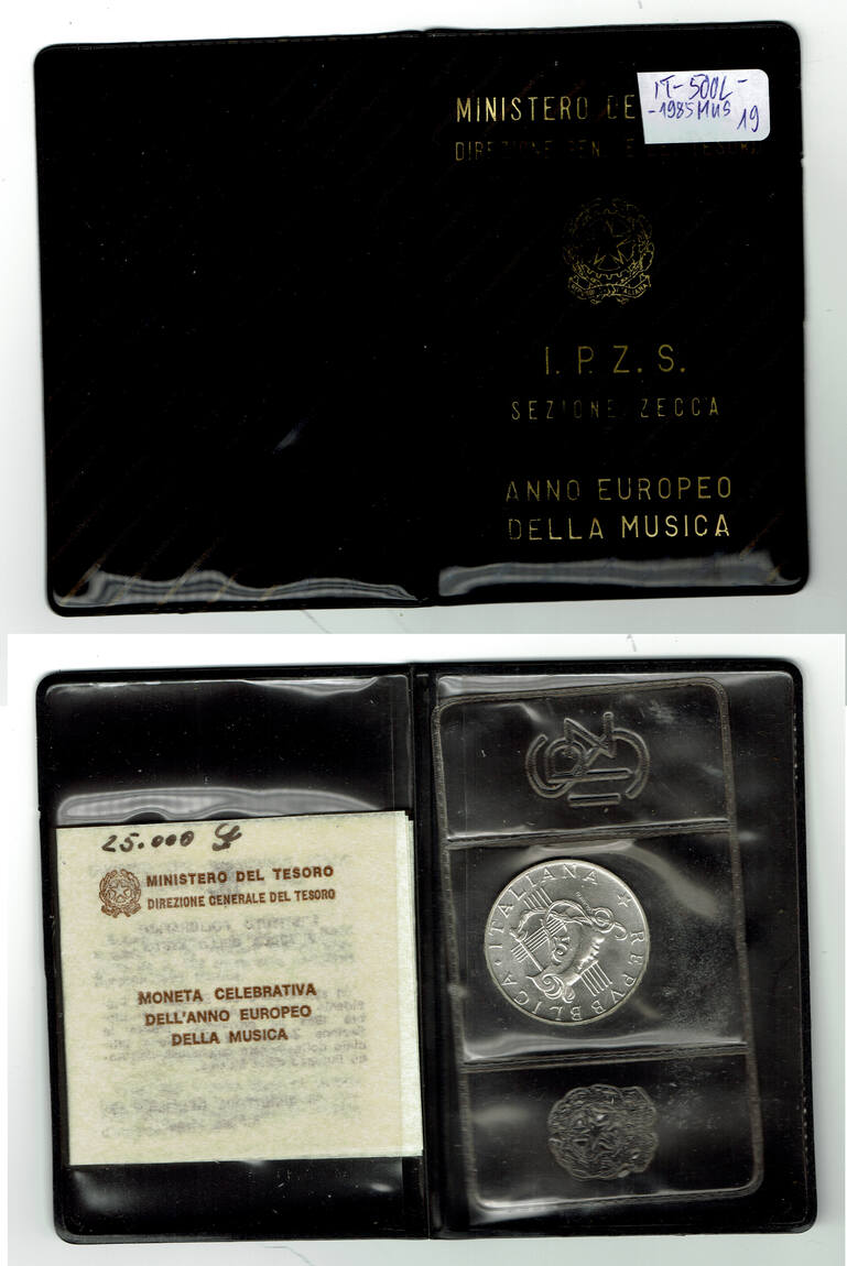 Italien 1985 italy silver coin, 500 lire, "european year of music" BU ...