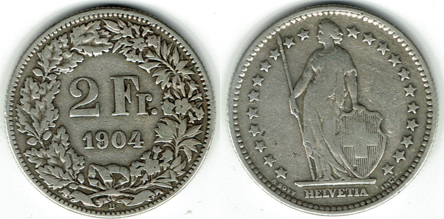 Schweiz Switzerland, silver coin, 2 Franken 1904, like scan VF- | MA-Shops