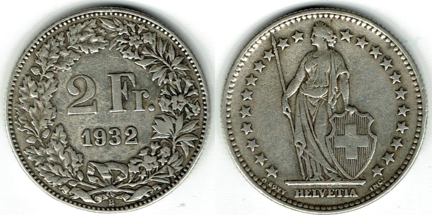 Schweiz Switzerland, silver coin, 2 Franken 1932, like scan VF | MA-Shops