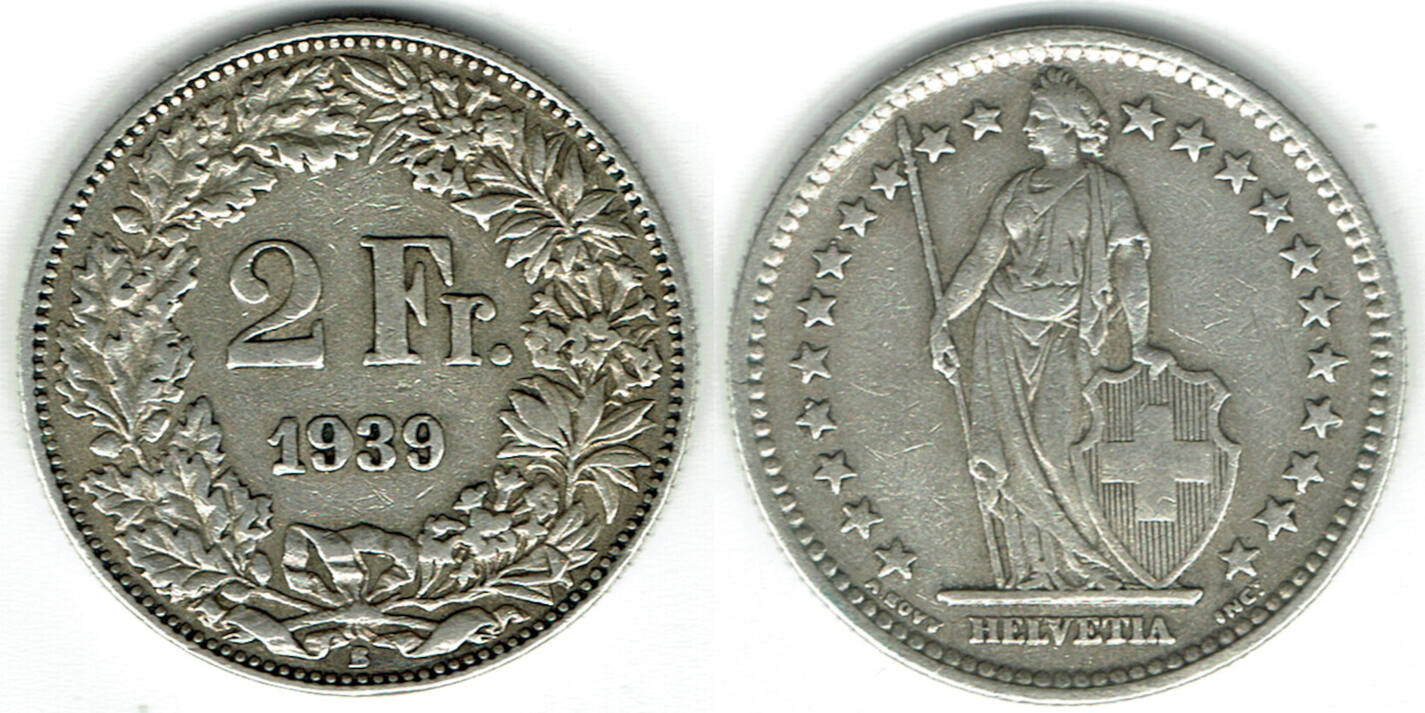 Schweiz Switzerland, silver coin, 2 Franken 1939, like scan VF | MA-Shops
