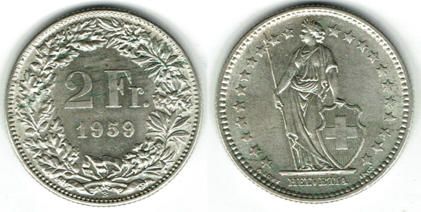 Schweiz Switzerland, silver coin, 2 Franken 1959, like scan AU | MA-Shops