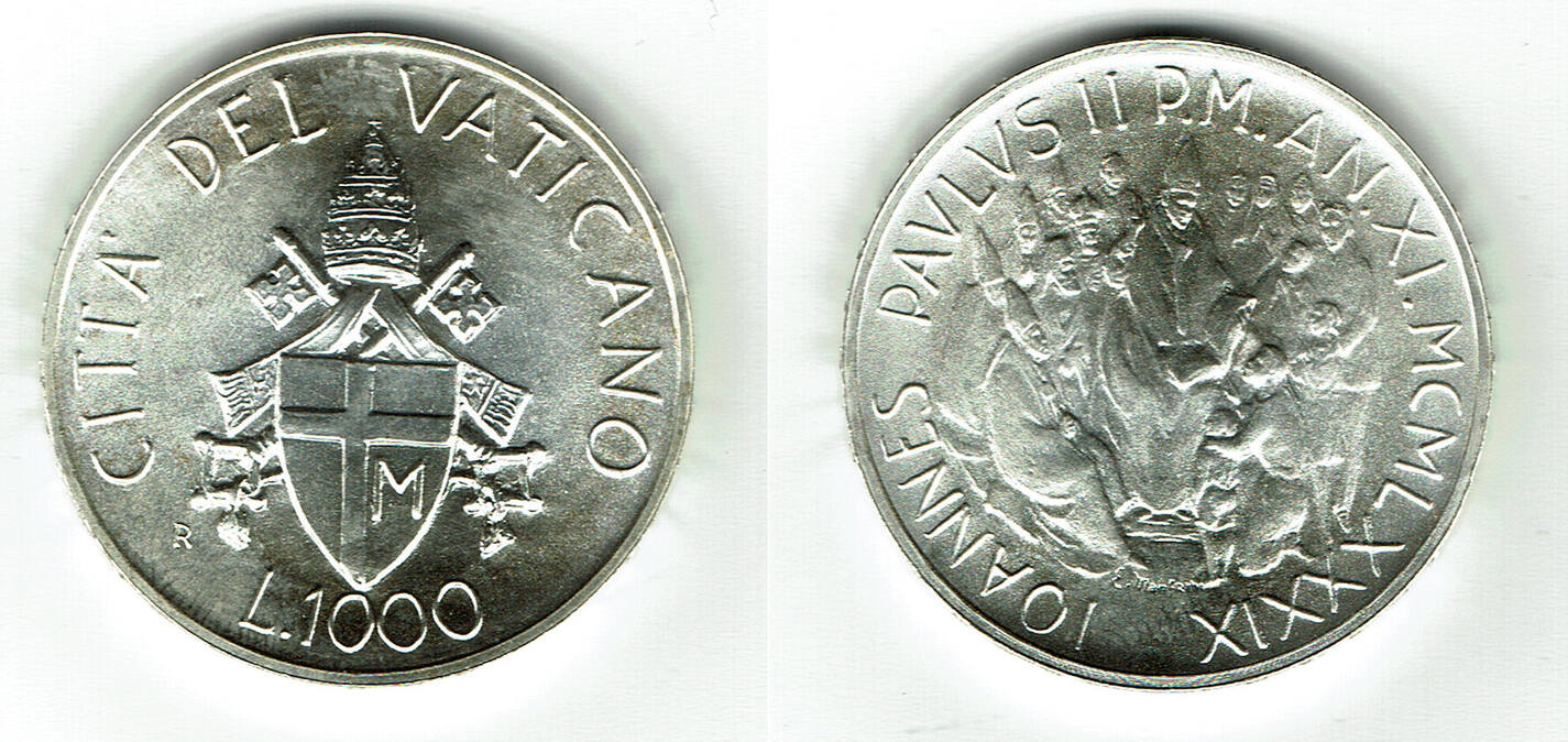 Vatikan 1000 Lire vatican silver coin 1989, john paul II., uncirculated ...