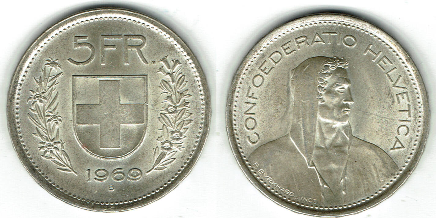 Schweiz Switzerland, silver coin, 5 Franken 1969, like scan AU | MA-Shops