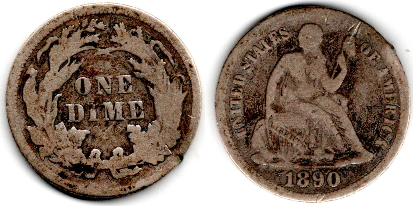 10 Cents (Dime) USA, silver seated liberty dime 1890, like scan F | MA ...