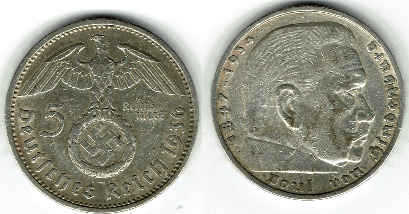 Drittes Reich, 5 Reichsmark 1936 A, Hindenburg mit HK, 13,89 g 900er ...