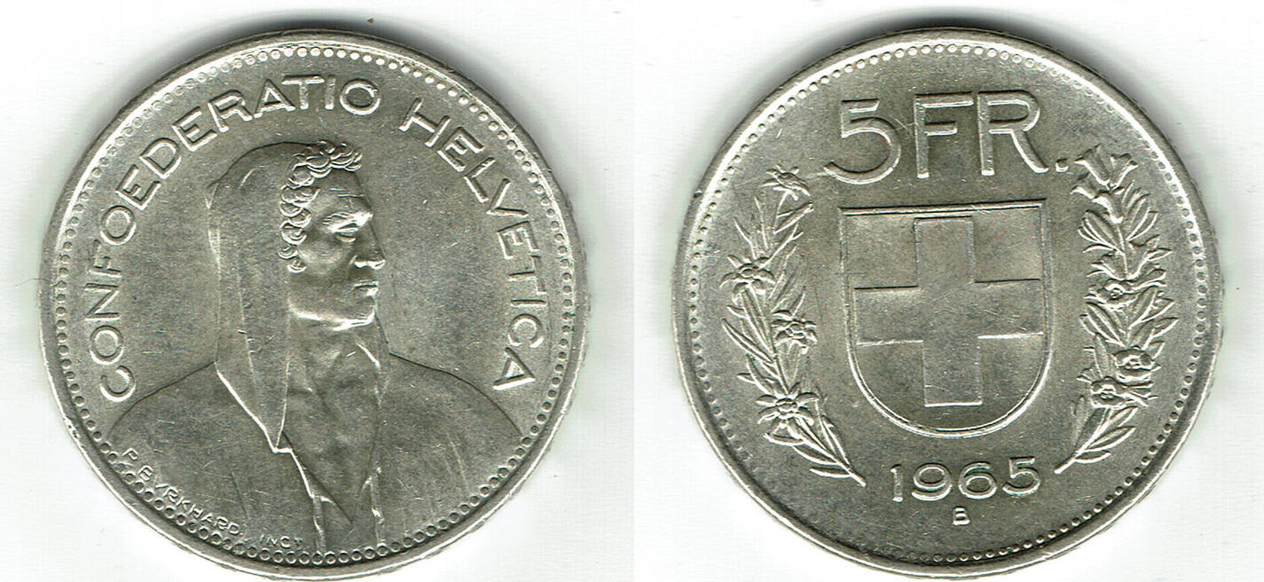 Schweiz Switzerland, silver coin, 5 Franken 1965, like scan EF | MA-Shops