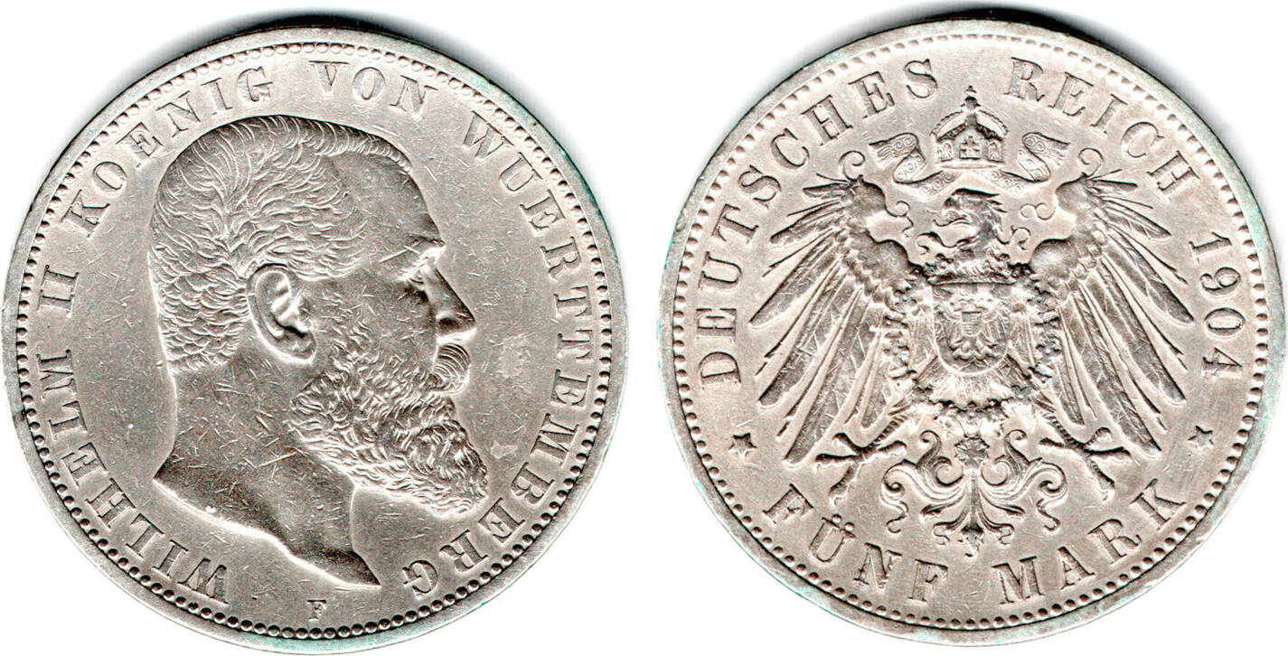 5 Mark Kaiserreich, Württemberg 1904 F, Wilhelm II., Erhaltung siehe Scan! VF | MA-Shops