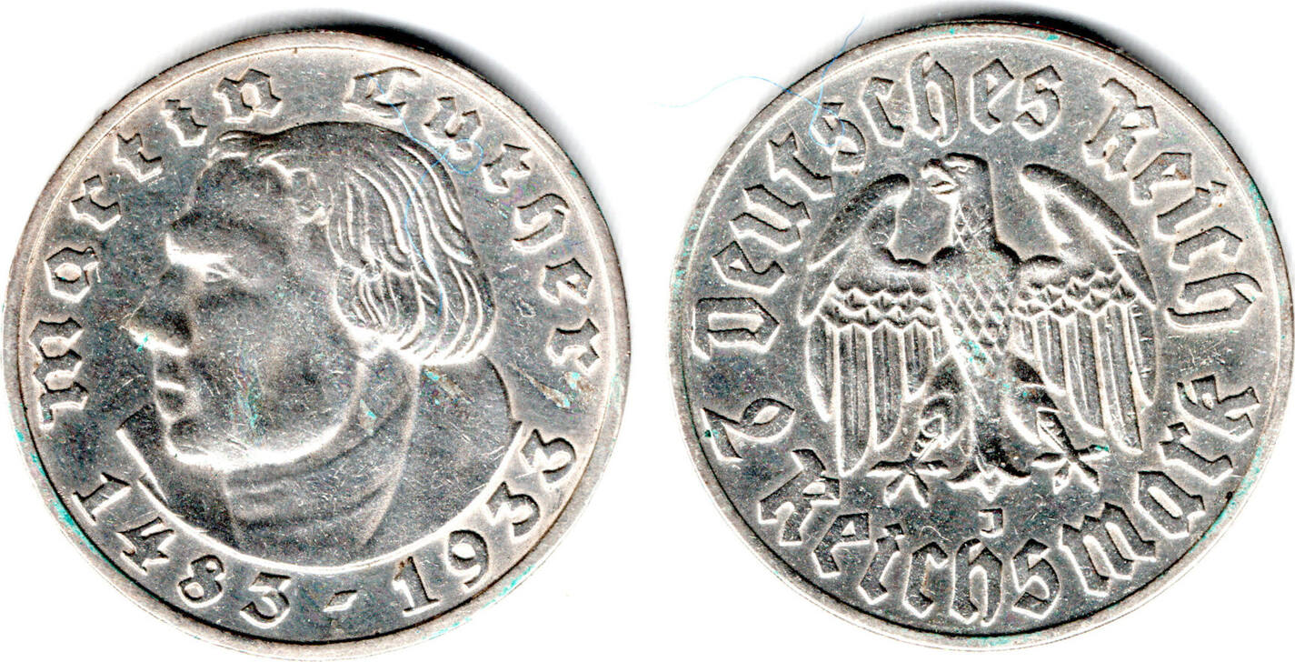 Drittes Reich, 2 Mark Gedenkmünze Martin Luther 1933 J. VF | MA-Shops