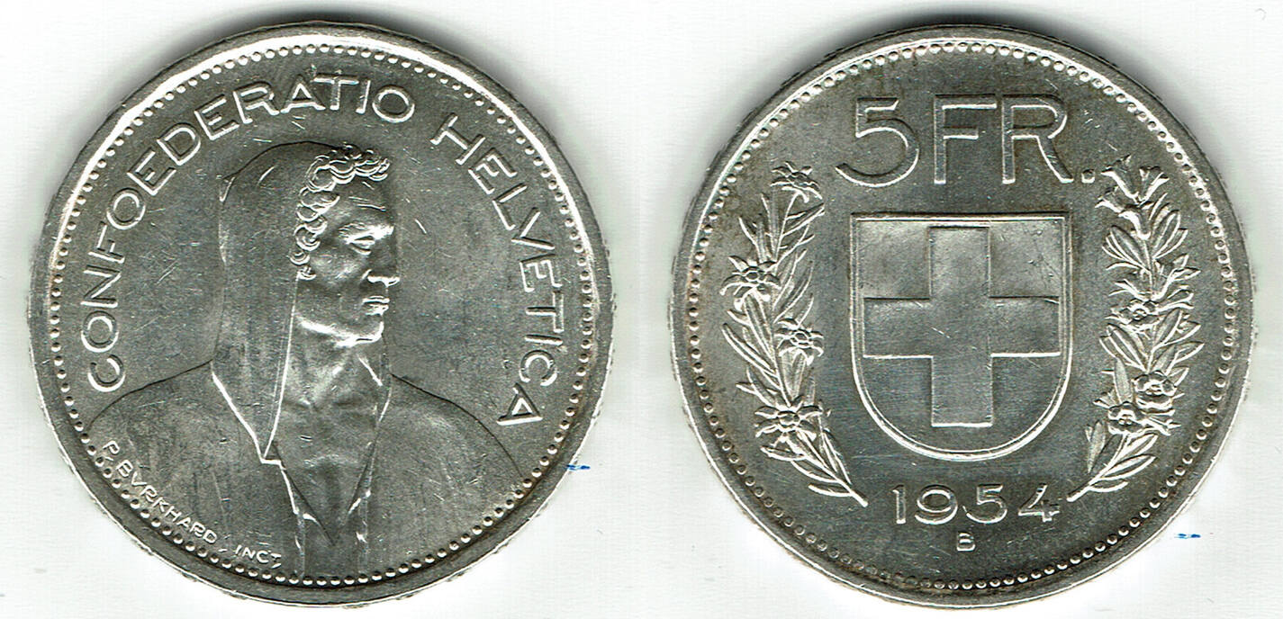 Schweiz Switzerland, silver coin, 5 Franken 1954, like scan aEF | MA-Shops