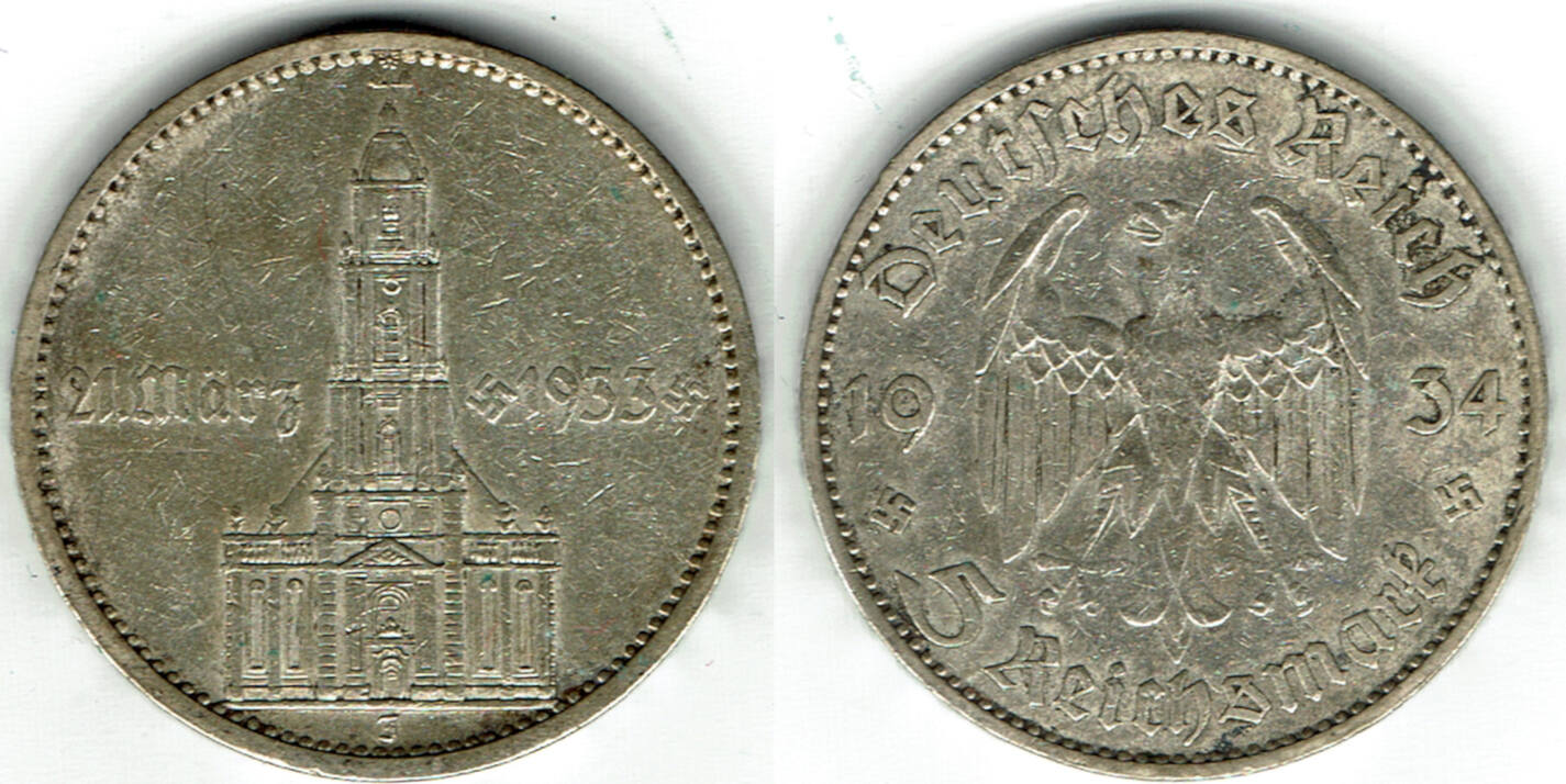 Drittes Reich, 5 Reichsmark 1934 J, Garnisonskirche Potsdam mit Datum ...