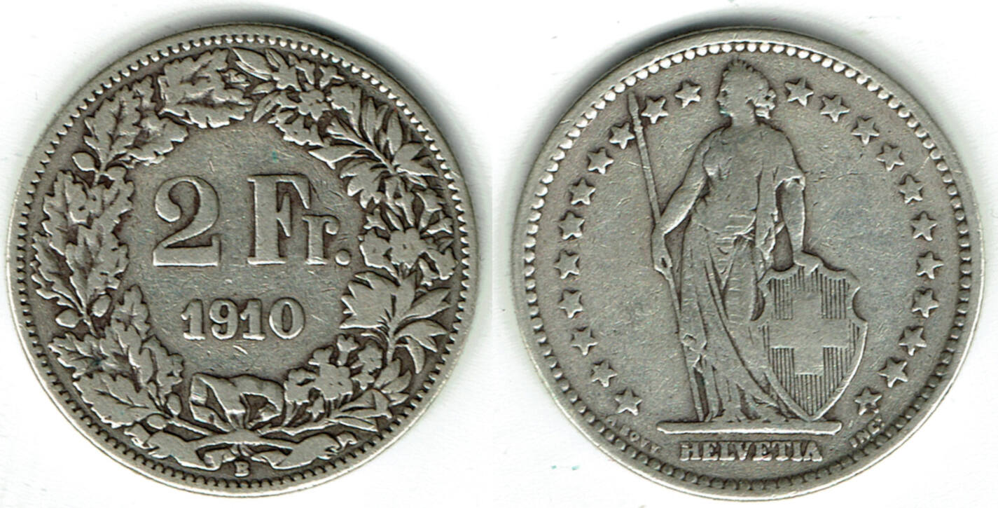 1910 Schweiz, Kursmünze Silber, 2 Franken, Erhaltung siehe Scan! VF | MA-Shops