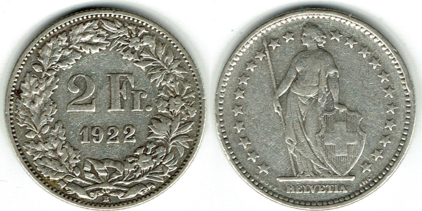 1922 Schweiz, Kursmünze Silber, 2 Franken, Erhaltung siehe Scan! VF | MA-Shops