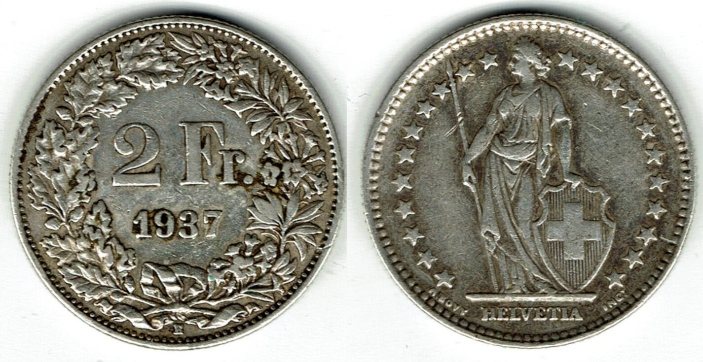 1937 Schweiz, Kursmünze Silber, 2 Franken, Erhaltung siehe Scan! VF | MA-Shops