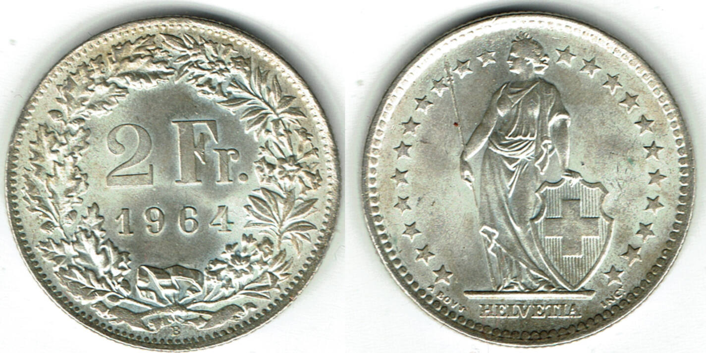 1964 Schweiz, Kursmünze Silber, 2 Franken, Erhaltung siehe Scan! UNC- | MA-Shops