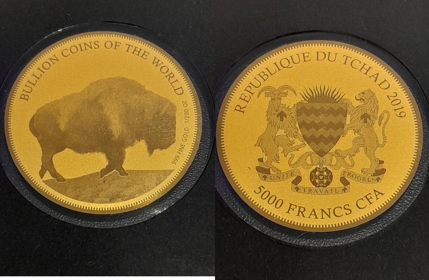 Tschad 5000 Francs 2019 tchad, buffalo, gold coin, 1/200 ounce. BU | MA ...