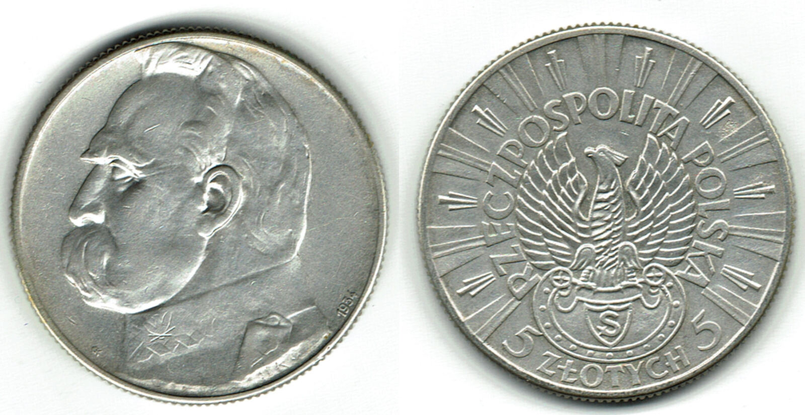 Polen 1934 poland, 5 Zlotych Pilsudski, silver, Rifle Corps Eagle VF-EF | MA-Shops