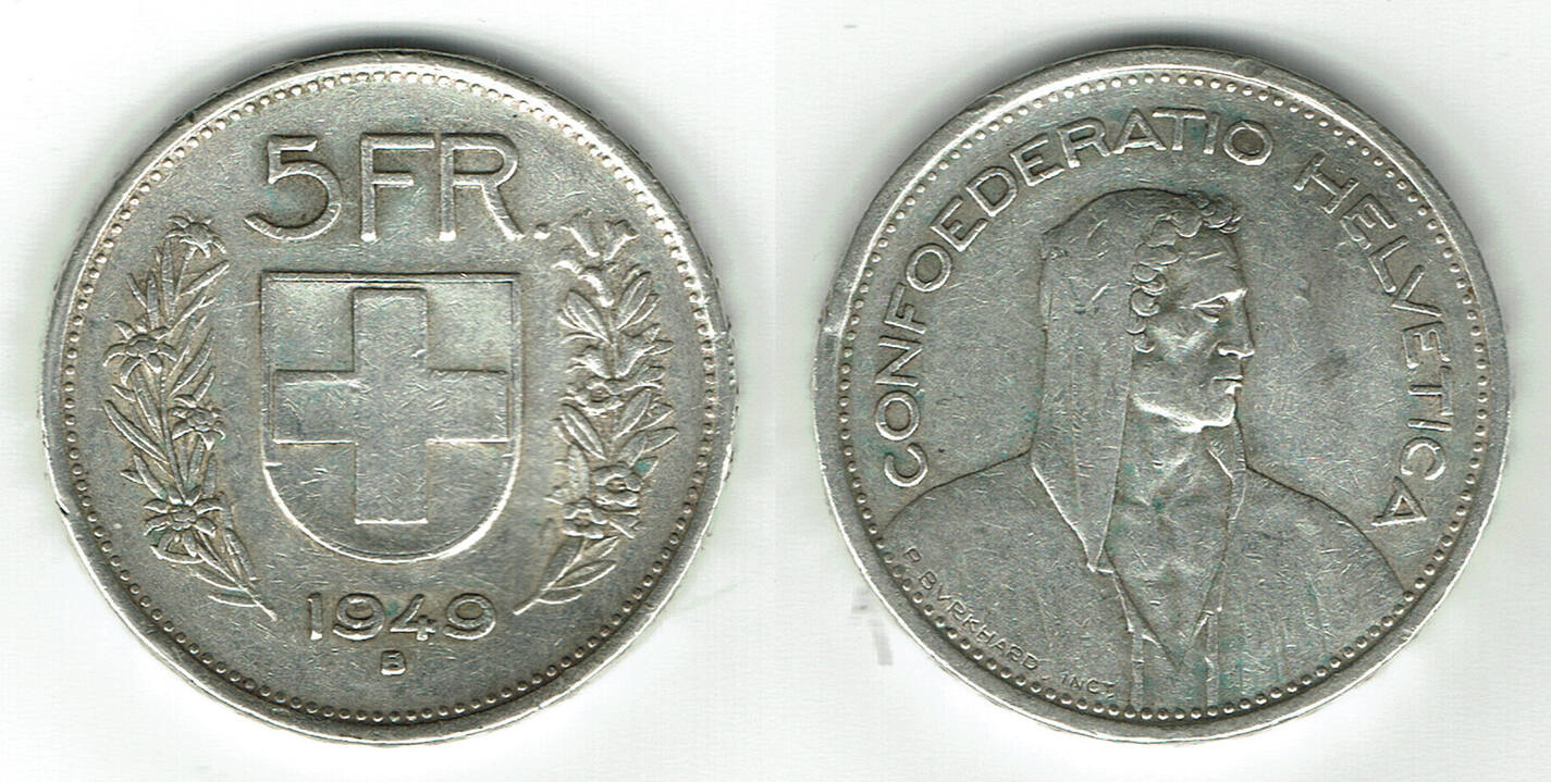 Schweiz Switzerland, silver coin, 5 Franken 1949, like scan VF, leicht gebogen | MA-Shops