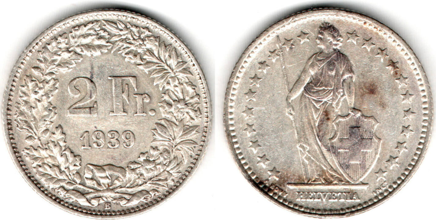 Schweiz Switzerland, silver coin, 2 Franken 1939, like scan VF | MA-Shops