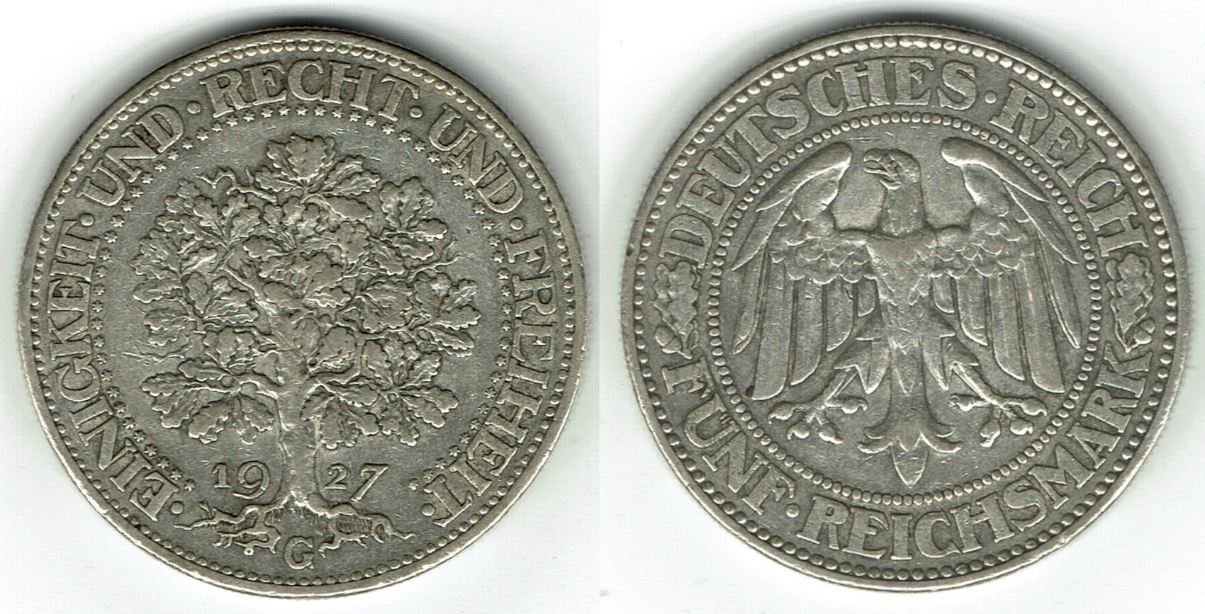 Weimarer Republik 5 Mark Weimar, Silberkursmünze Eichbaum, 1927 G ...