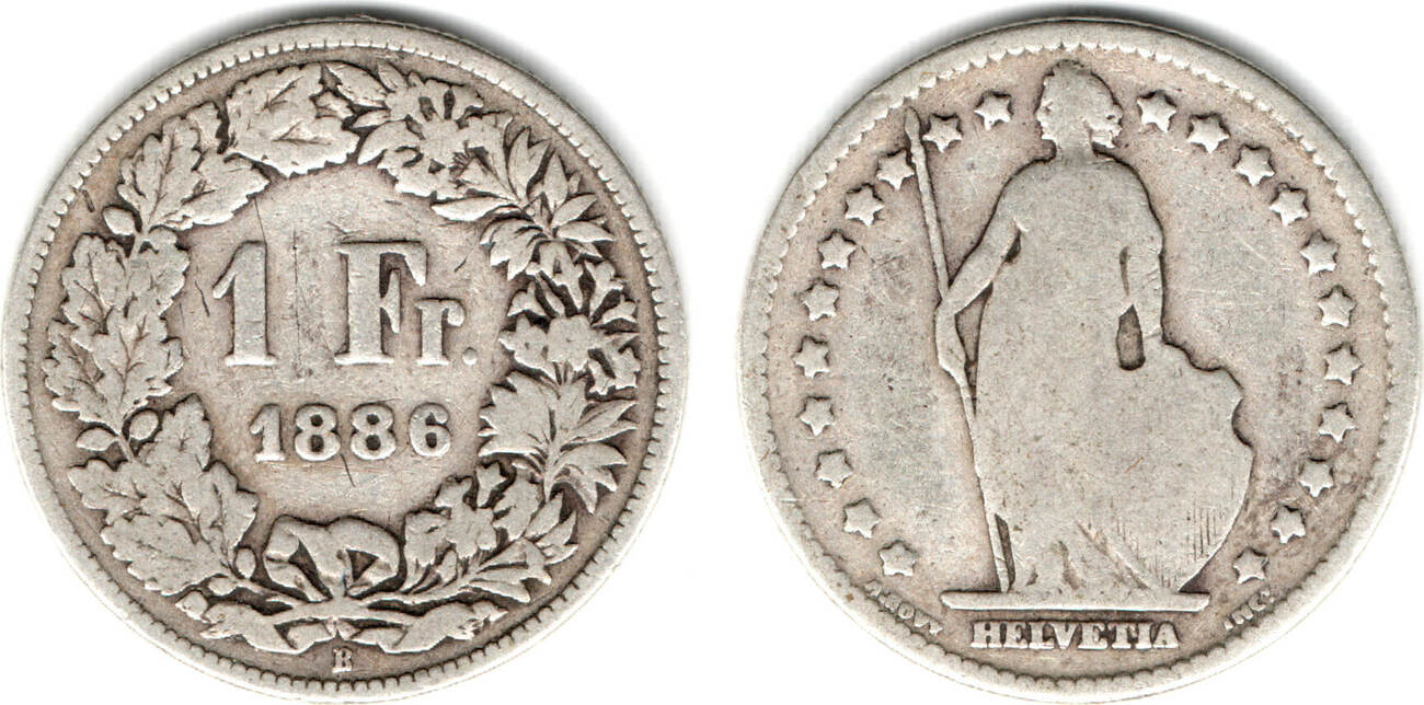 Schweiz, Kursmünze Silber, 1 Franken 1886, Erhaltung siehe Scan! F | MA-Shops