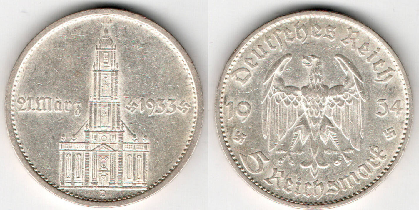 Drittes Reich, 5 Reichsmark 1934 D, Garnisonskirche Potsdam mit Datum ...