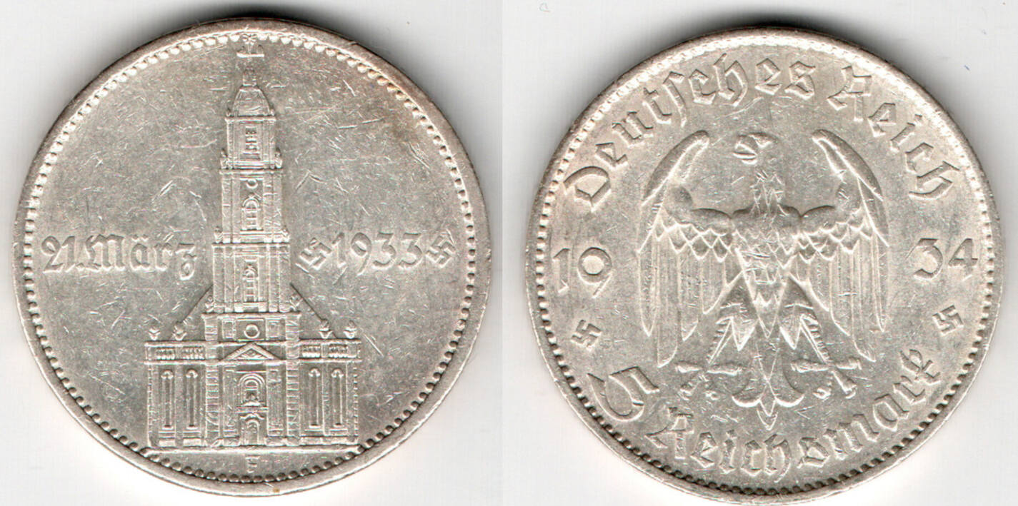 Drittes Reich, 5 Reichsmark 1934 F, Garnisonskirche Potsdam mit Datum ...