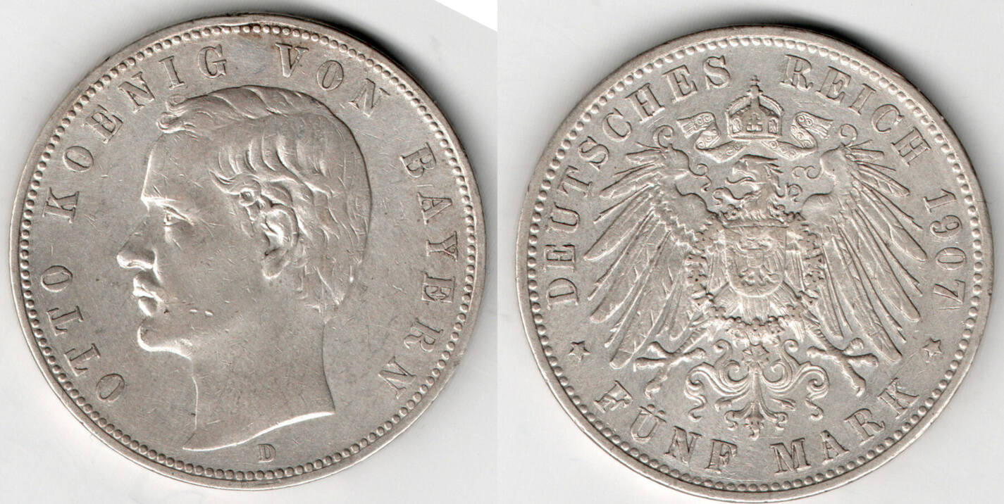Kaiserreich - Bayern Deutsches Kaiserreich, Bayern, König Otto, 5 Mark 1907 D, Silber! VF, kl ...