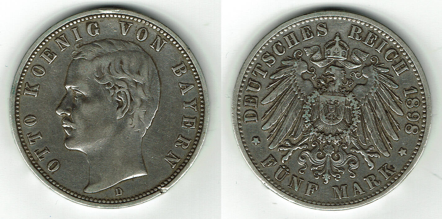 Kaiserreich - Bayern Deutsches Kaiserreich, Bayern, König Otto, 5 Mark 1898 D, Silber! VF, kl ...