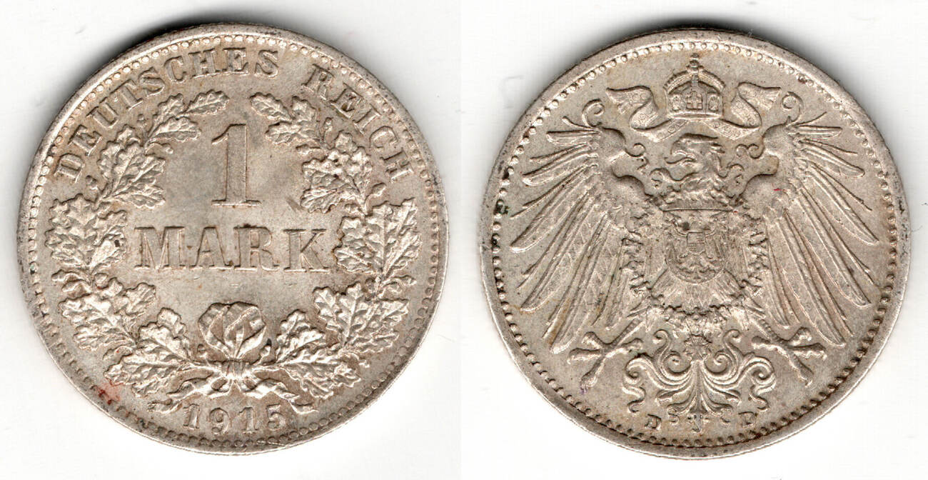 1915 A Kaiserreich, Kursmünze 1 Mark 1915 D, 900er Silber! UNC- | MA-Shops