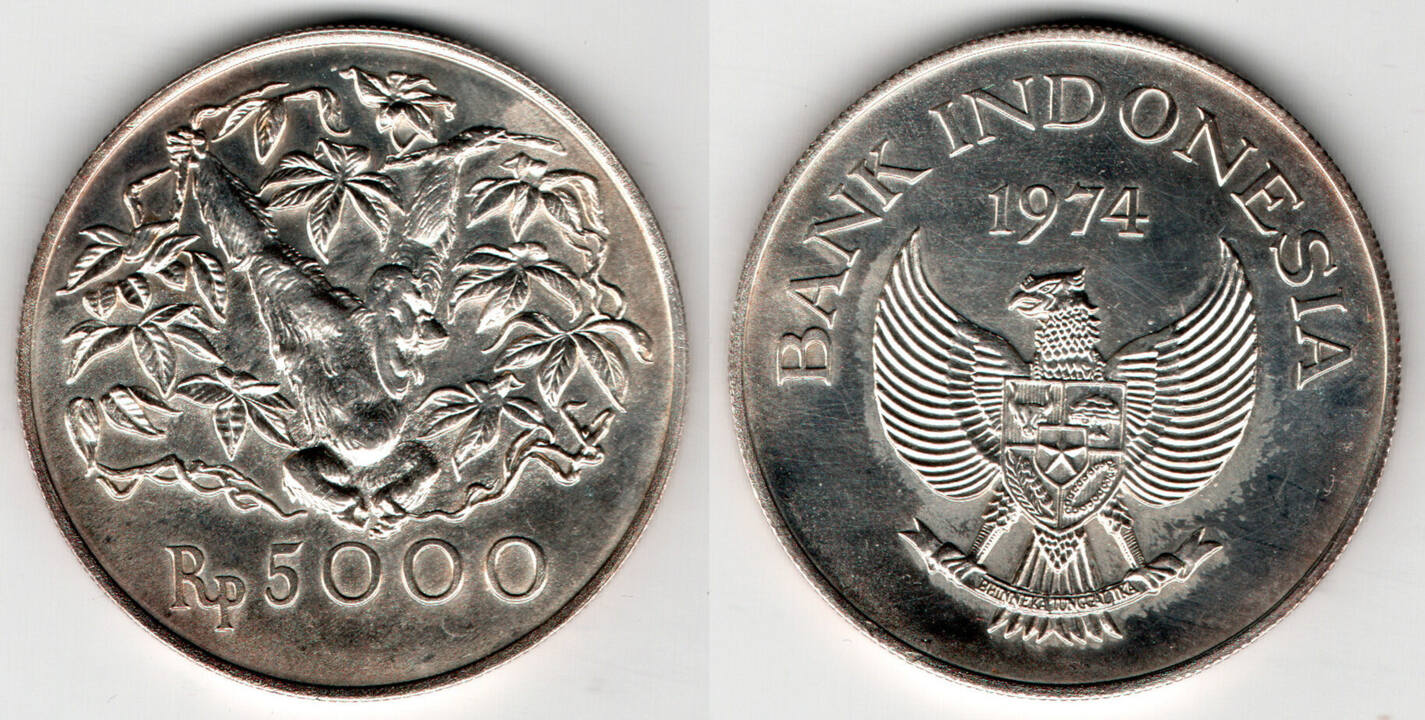 Indonesien 5000 Rupiah 1974 indonesia, silver coin, orangutan, like ...