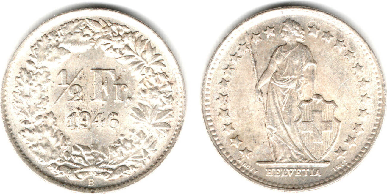 Schweiz Switzerland, silver coin, 1/2 Franken 1946, like scan UNC- | MA-Shops