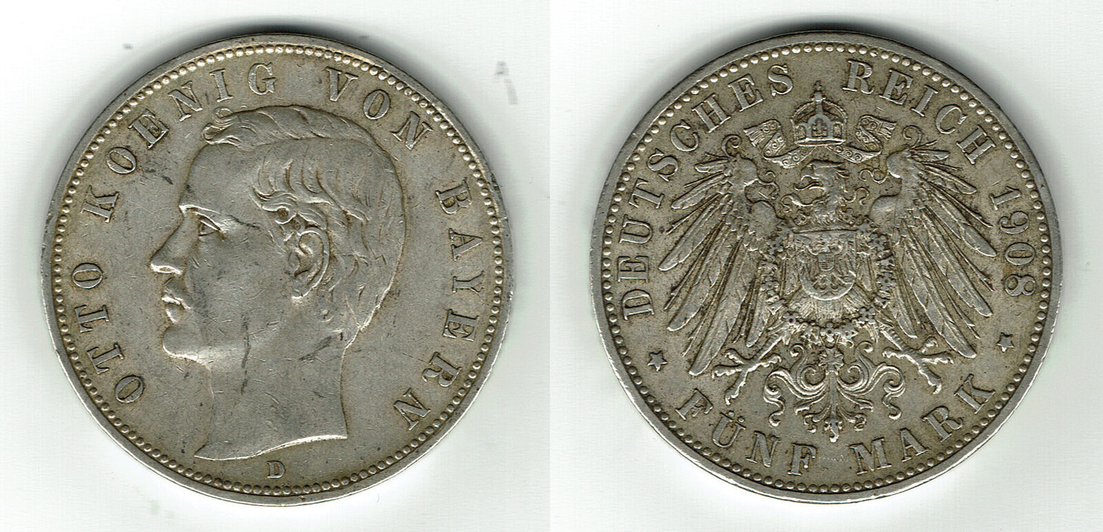 Kaiserreich - Bayern Deutsches Kaiserreich, Bayern, König Otto, 5 Mark 1908 D, Silber! VF-EF ...