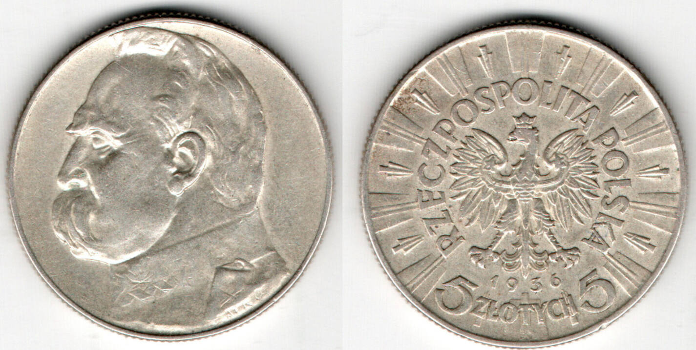 Polen 1936 poland, 5 Zlotych Pilsudski, silver, like scan VF+ | MA-Shops