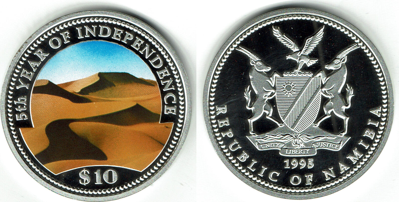 namibia silver coin, 10 dollars 1995, 5th anniversary of independence ...