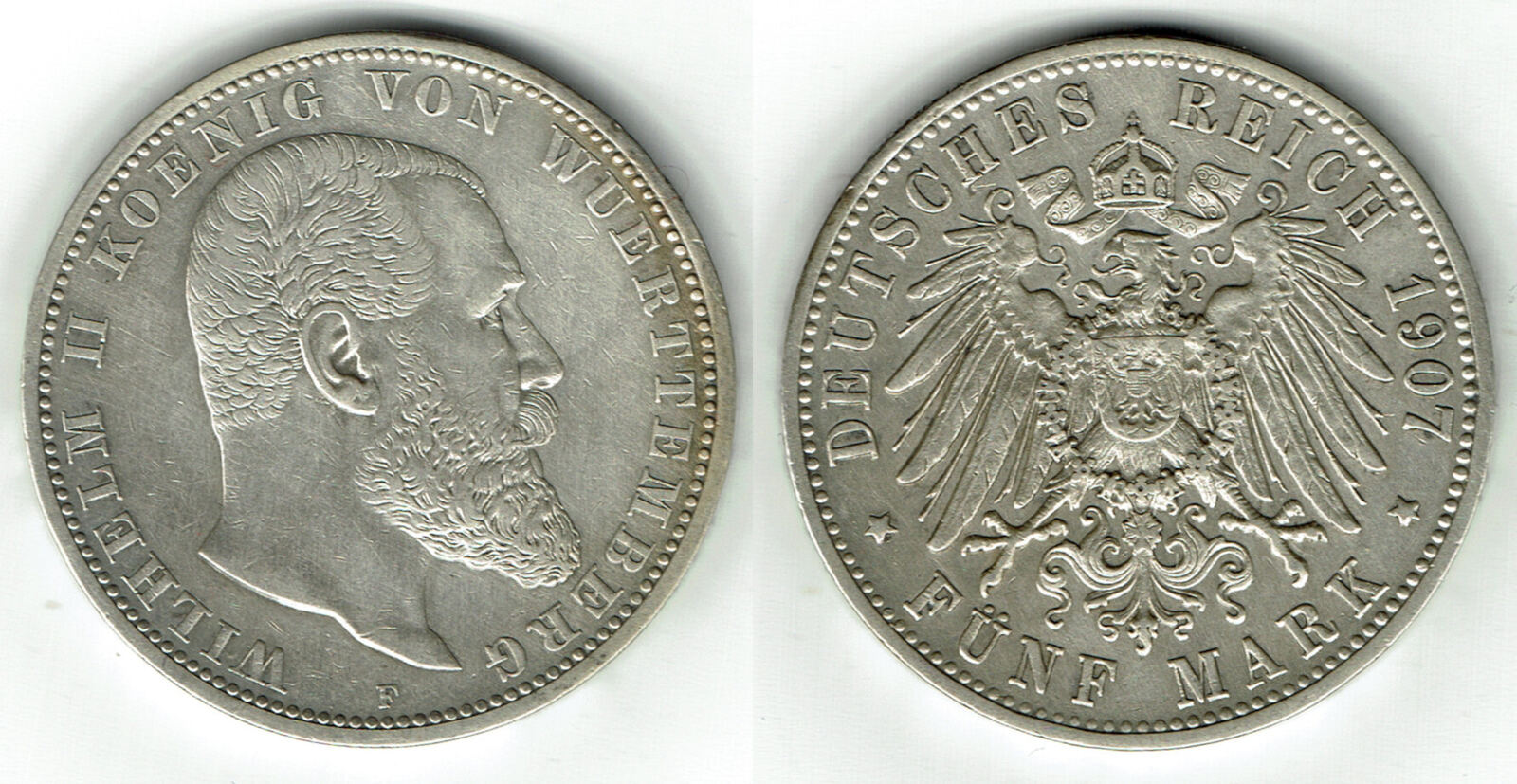 5 Mark Kaiserreich, Württemberg 1907 F, Wilhelm II., Erhaltung siehe Scan! VF, leicht berieben ...