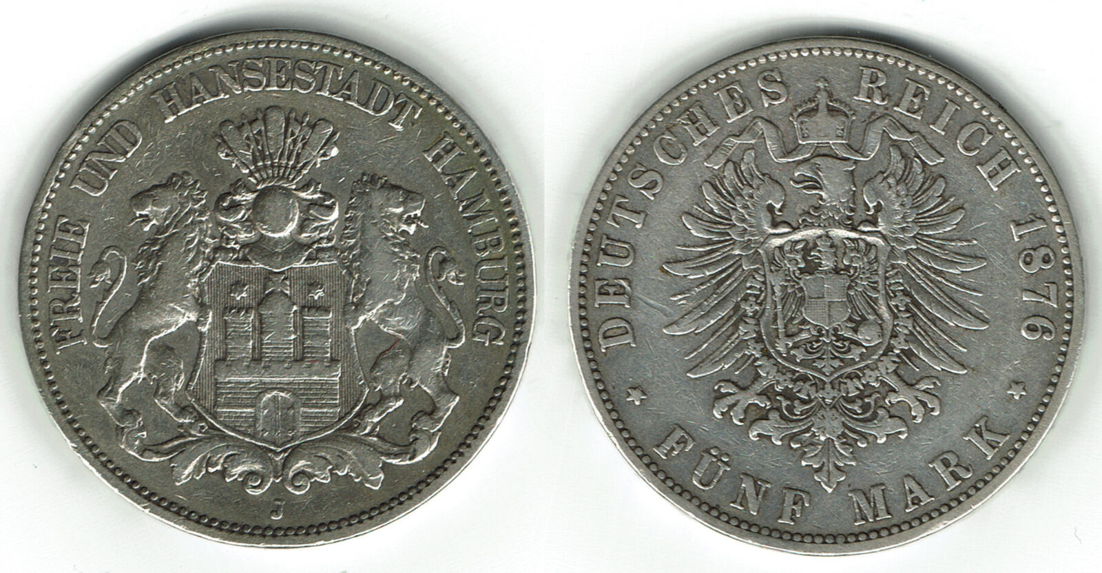 Kaiserreich, Hamburg, 5 Mark 1876 J, Stadtwappen, Erhaltung siehe Scan ...