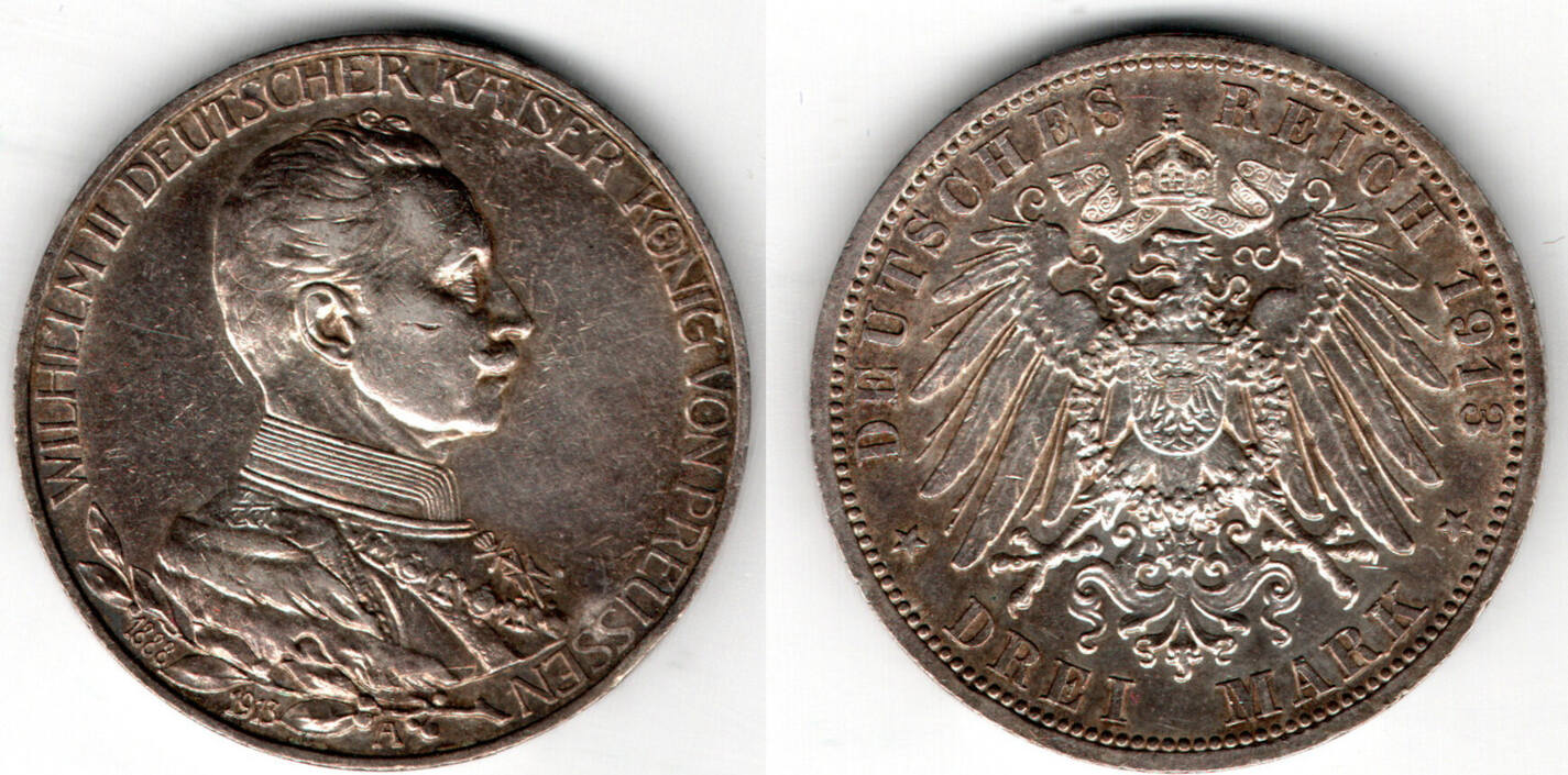 Preußen 3 Mark 1913 A, Wilhelm II. in Uniform, Erhaltung siehe Scan! aEF | MA-Shops