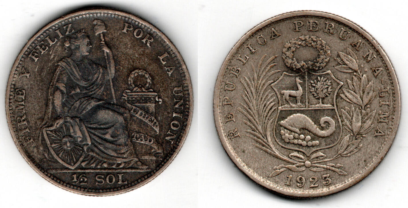 1/2 Sol 1923 peru half Sol silver "Seated Liberty flanked by shield ...
