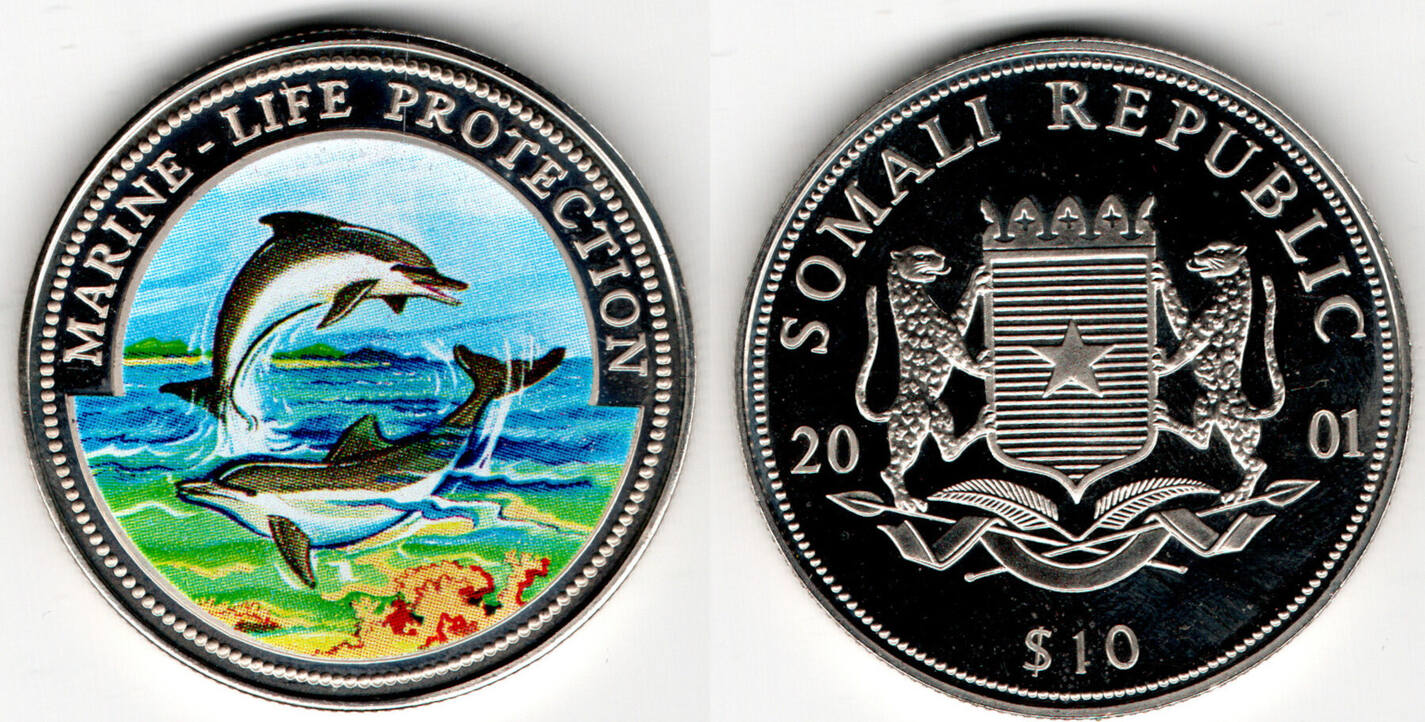 10 Dollars 2001 Somalia, Marine Life Protection, dolphins, multicolored ...