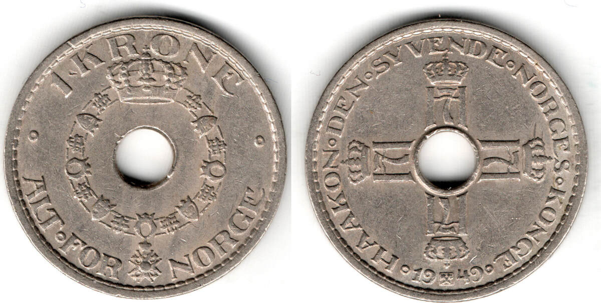 Norwegen 1949 norway, 1 Krone, Haakon VII., like scan VF-EF | MA-Shops