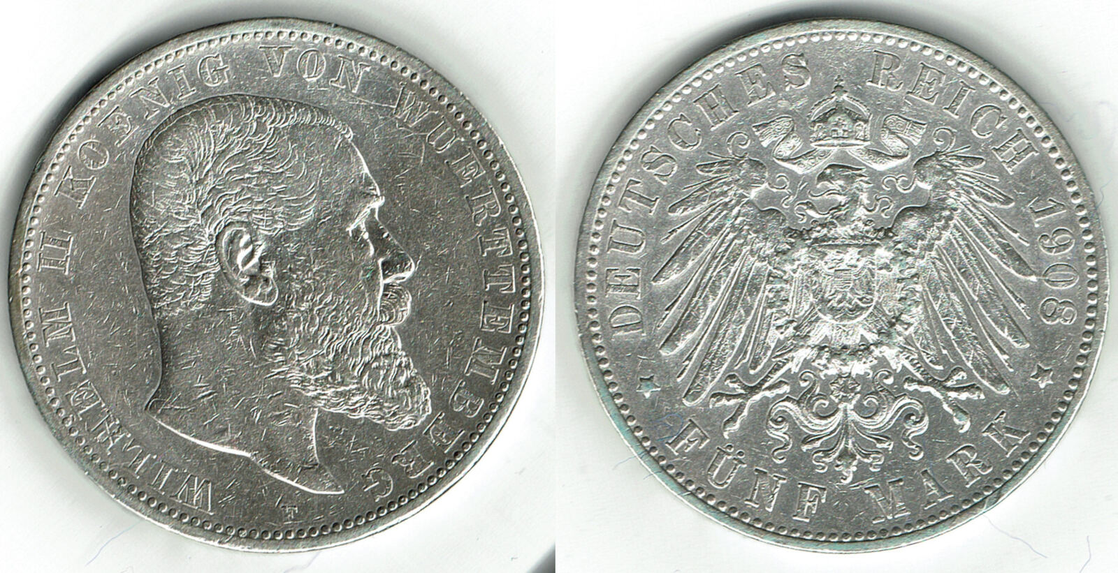 5 Mark Kaiserreich, Württemberg 1908 F, Wilhelm II., Erhaltung siehe Scan! VF | MA-Shops