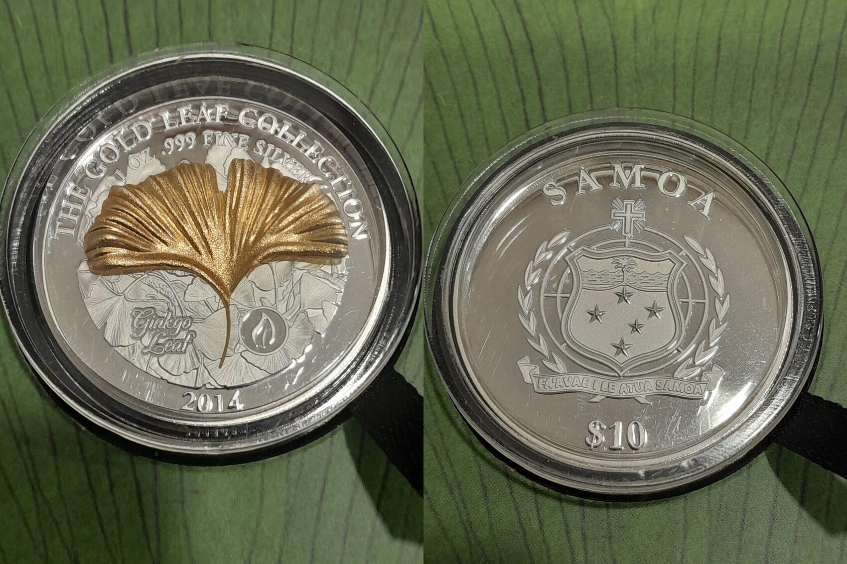 10 Dollars 2014 Samoa, 1 ounce fine silver "ginko" with 3D gold leaf ...
