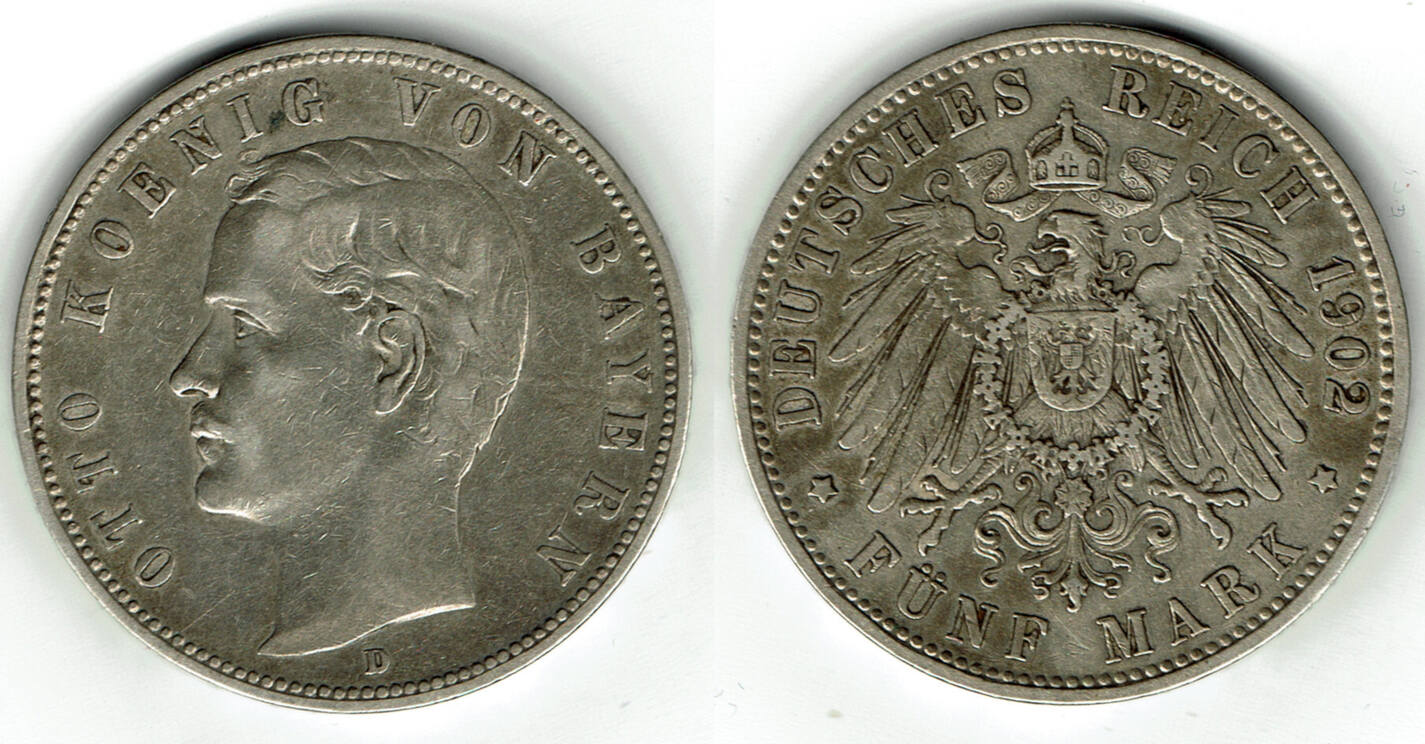 Kaiserreich - Bayern 1907 D Deutsches Kaiserreich, Bayern, König Otto, 5 Mark 1902 D, Silber! VF ...
