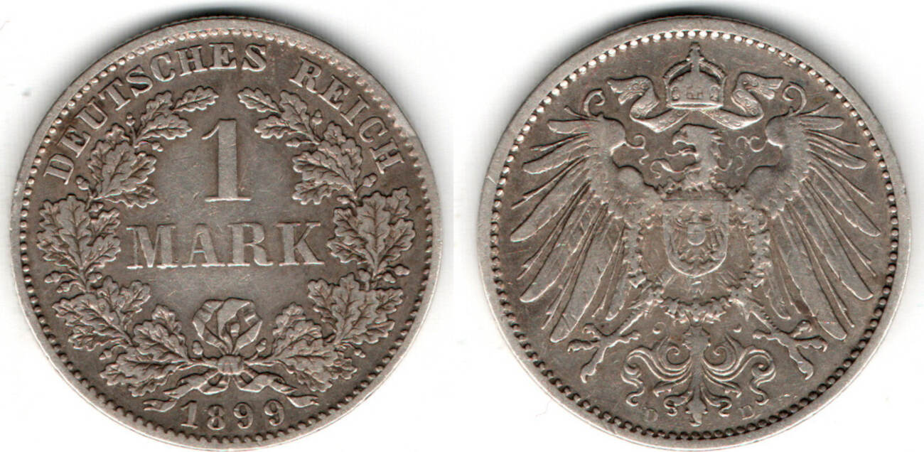 Kaiserreich, Kursmünze 1 Mark 1899 D, 900er Silber! VF | MA-Shops