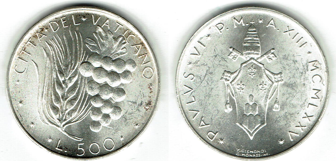 Vatikan 500 Lire vatican silver coin 1975, paul VI. UNC- | MA-Shops