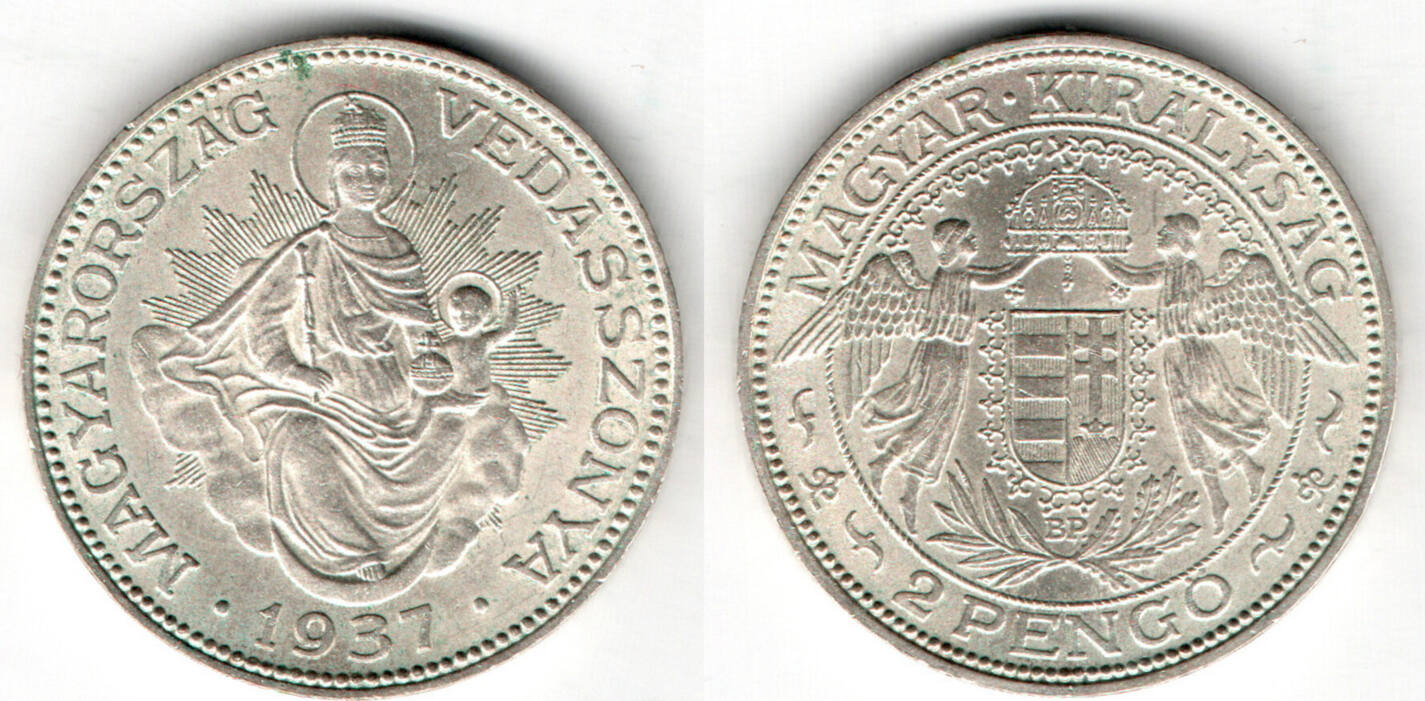 Ungarn 2 Pengo 1937 hungary silver coin, 2 pengö, patrona hungariae ...