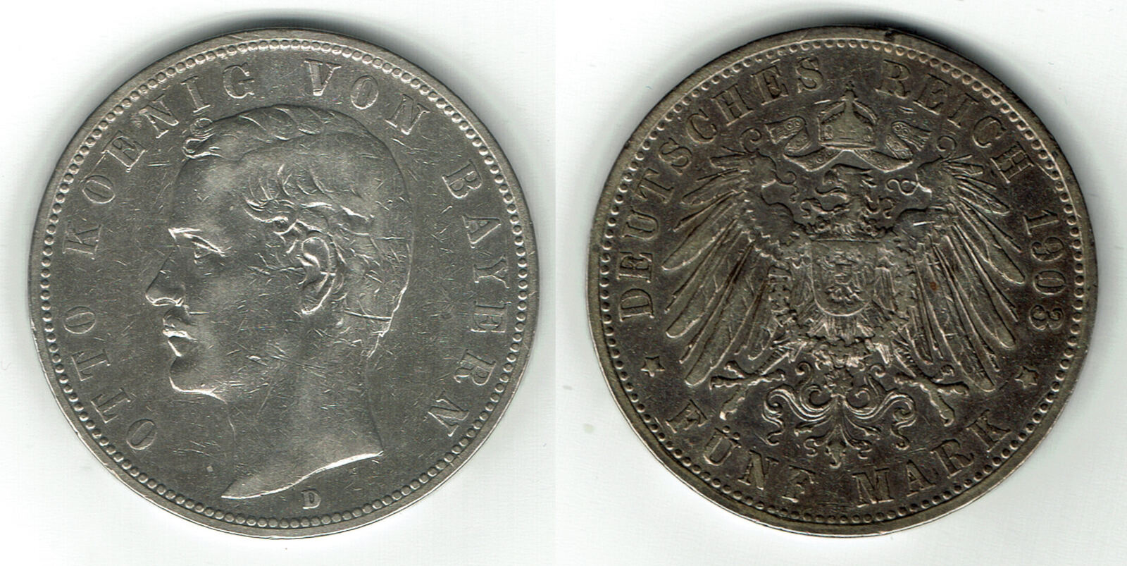 Kaiserreich - Bayern Deutsches Kaiserreich, Bayern, König Otto, 5 Mark 1908 D, Silber! VF | MA-Shops