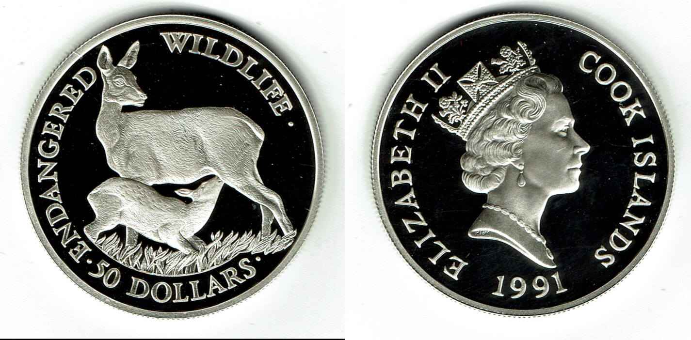 1991 cook islands, 50 dollars silver, endangered world wildlife - deer ...